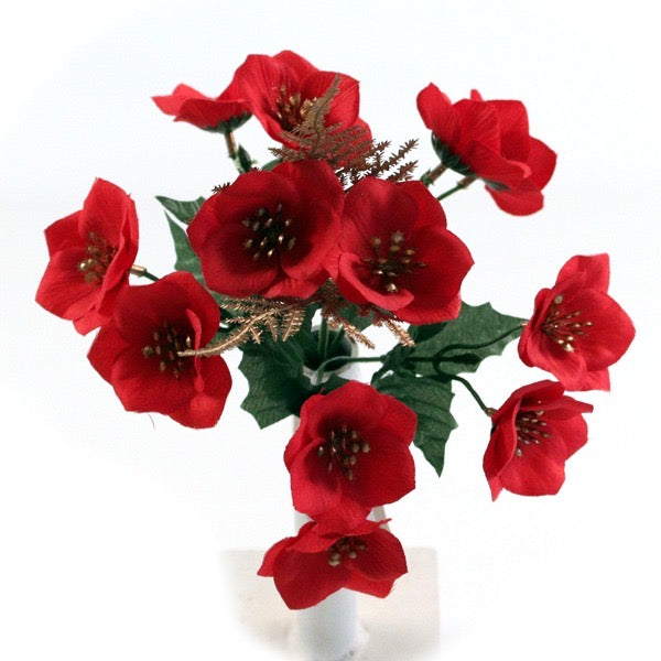 28cm Red & Gold Christmas Rose and fern Bush Bunch - Christmas Xmas Ar ...